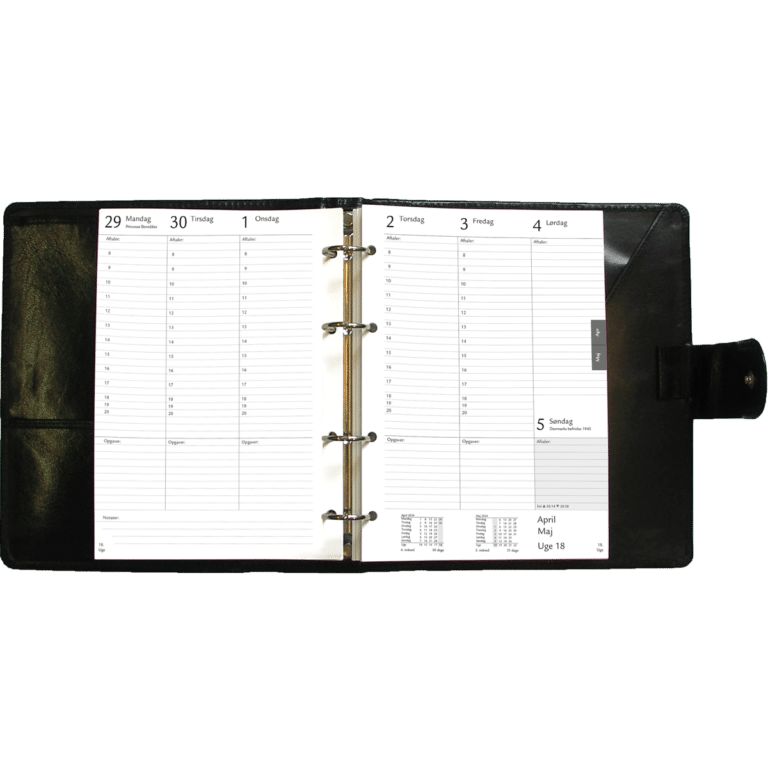 A5 timer komplet ugekalender 2024 i sort kunstlæder | Kalenderbutik
