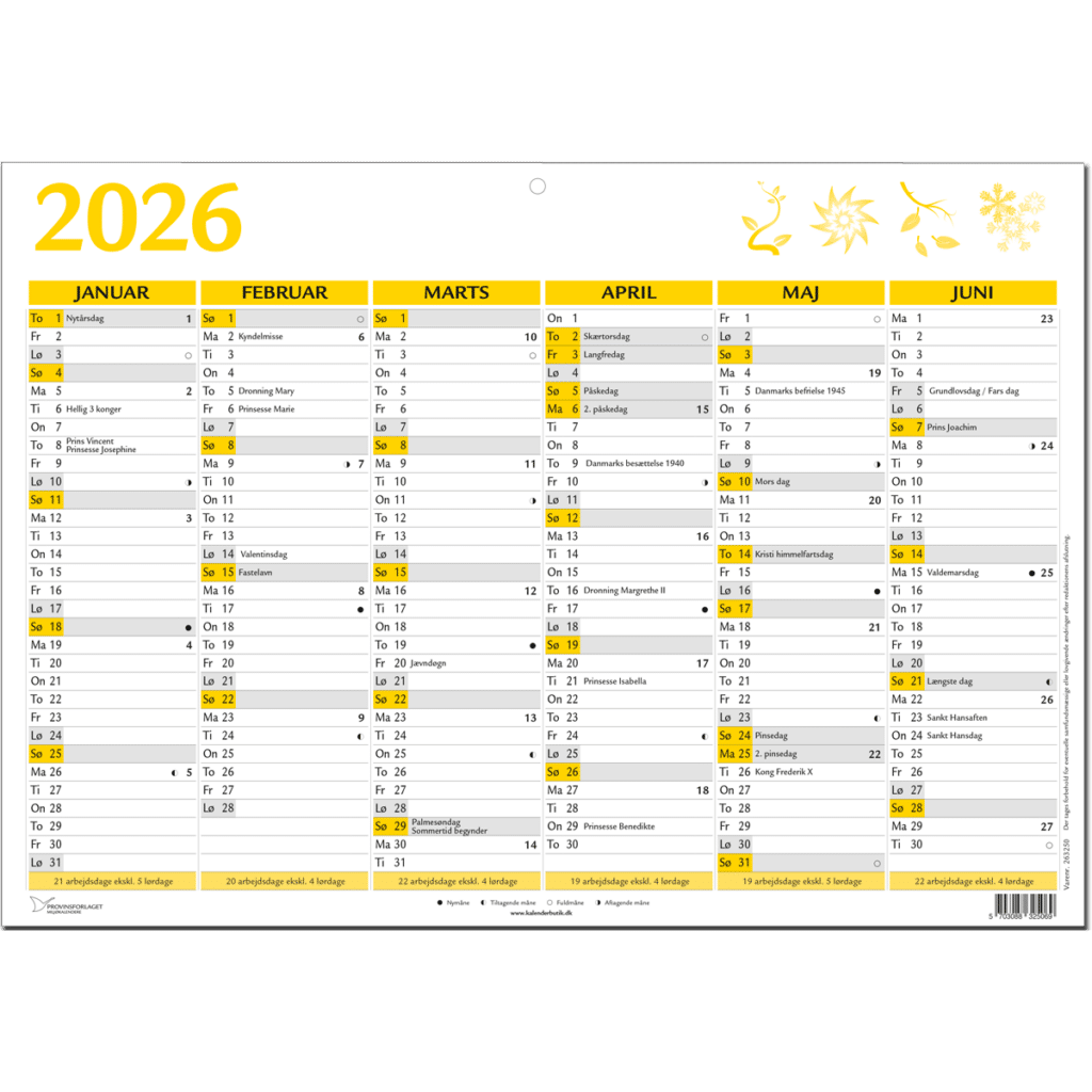 A3 vægkalender 2026 Gul | Kalenderbutik
